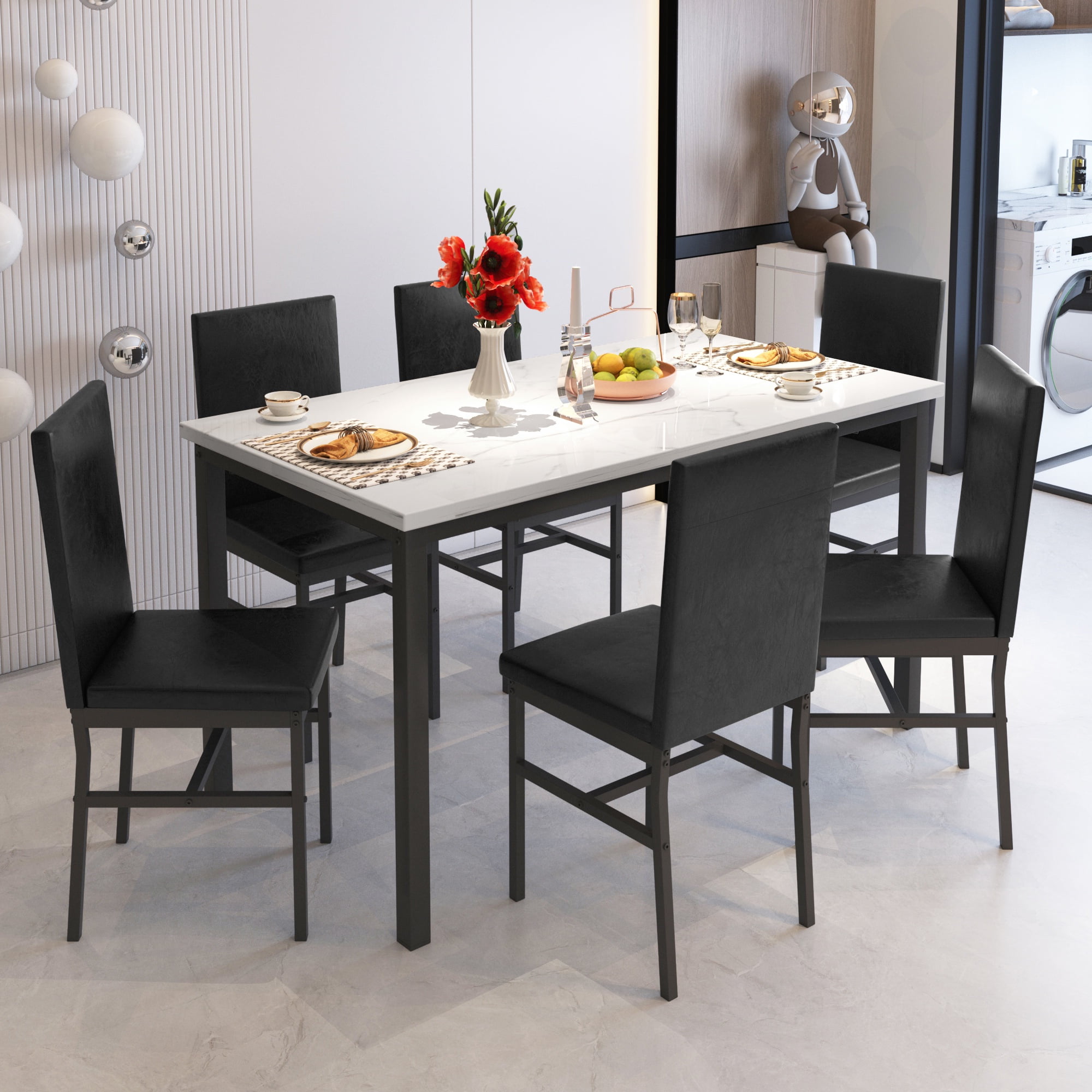 7 Piece Indoor Dining Set, Faux Marble Tabletop & PU Leather Chairs ...