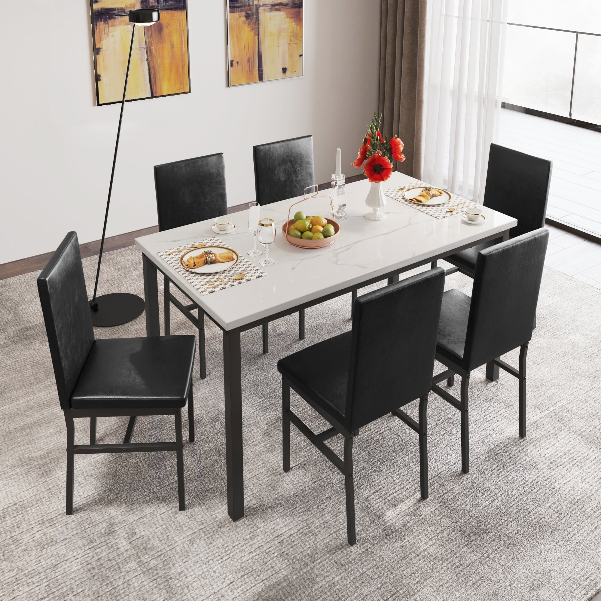 7 Piece Indoor Dining Set, Faux Marble Tabletop & PU Leather Chairs ...