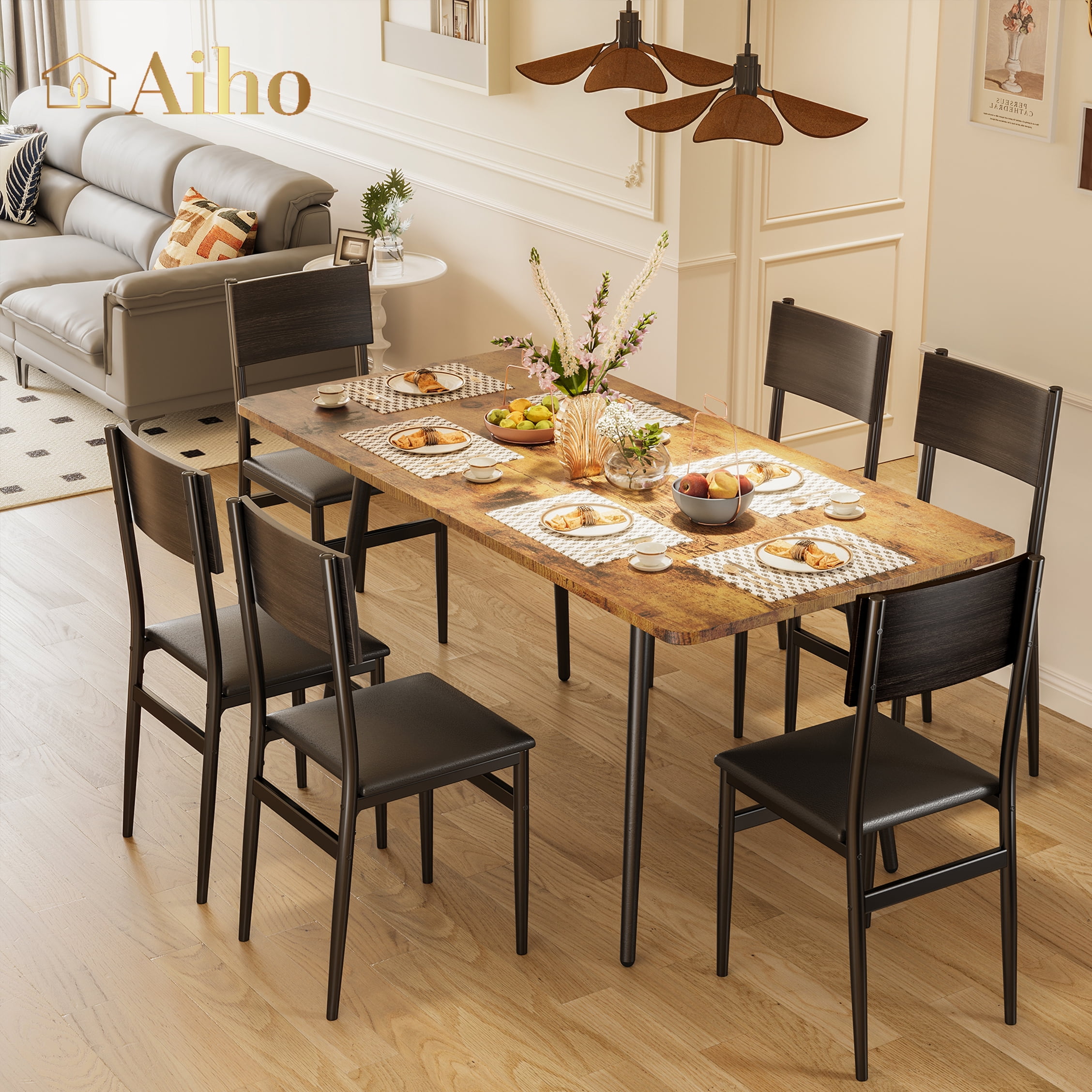 Aiho 63 Large Extendable Kitchen Table Set Dining Table Set for Kitchen Dining Room and Restaurant Retro