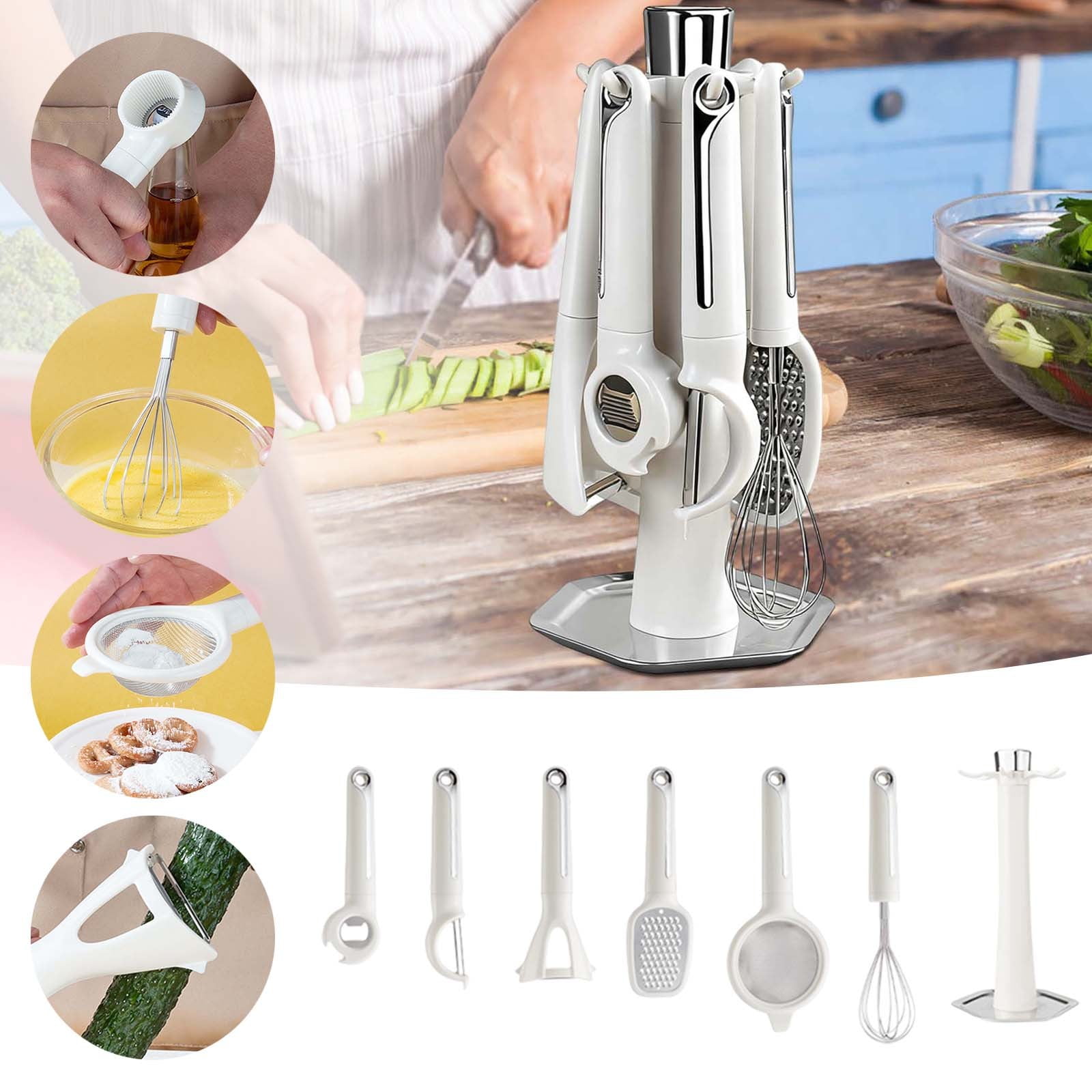 7 Piece Kitchen Utensil Set with Rotating Stand – Complete Stainless ...