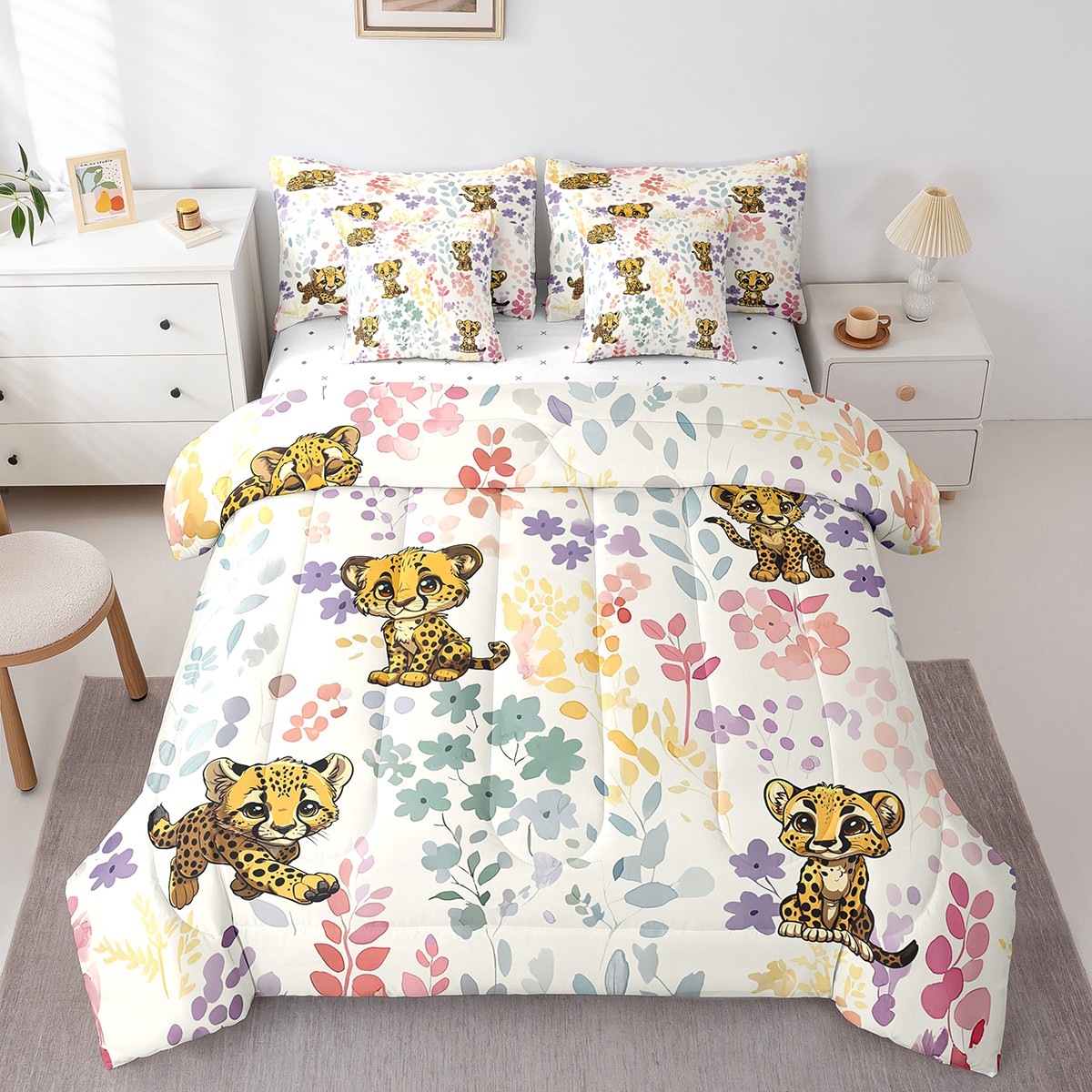 7 Piece Leopard Print Queen Bedding Set,Cute Cheetah Floral Comforter ...