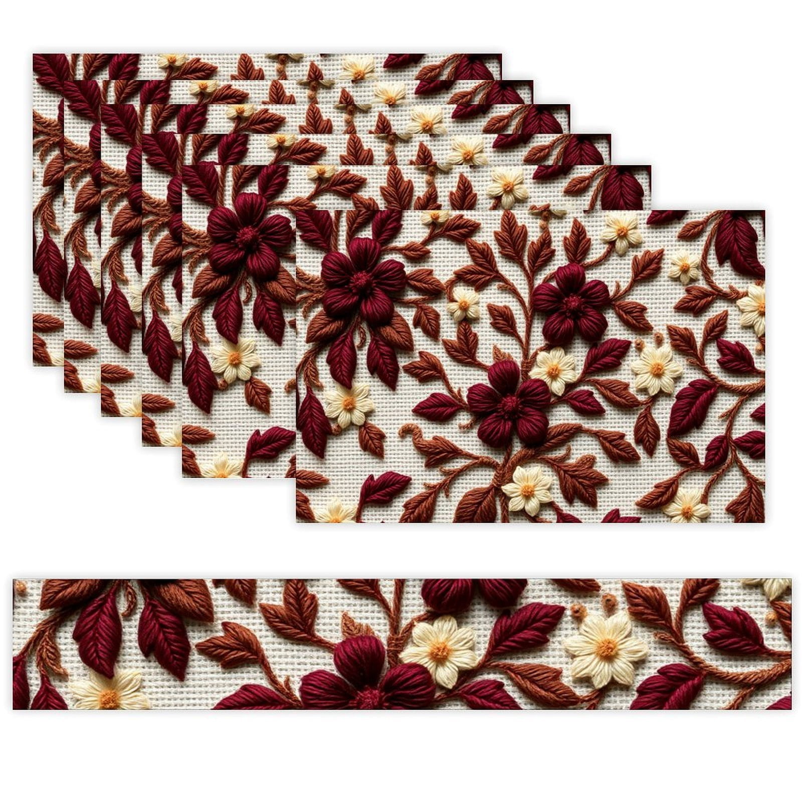 7 Piece Linen Table Runner and Placemats Set, Autumn Leaves Floral ...