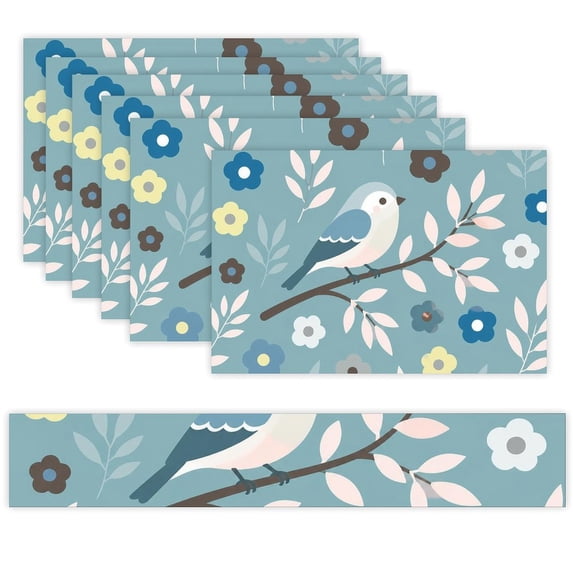 7 Piece Linen Table Runner and Placemats Set, Bird On Branch With Blue ...