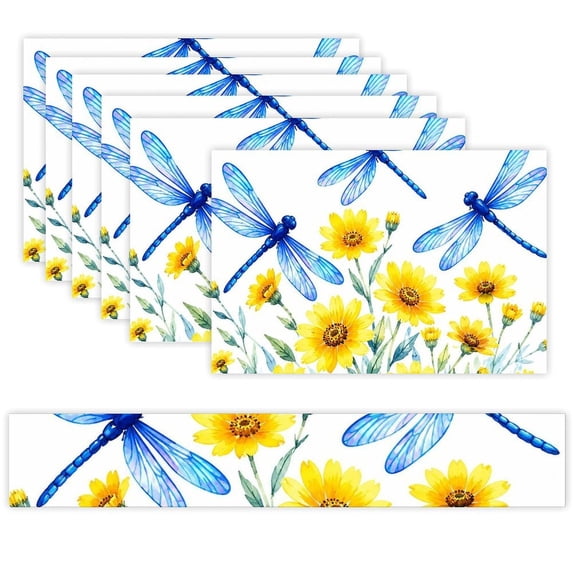 7 Piece Linen Table Runner and Placemats Set, Blue Dragonflies Among ...