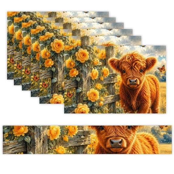 7 Piece Linen Table Runner and Placemats Set, Calf By Yellow Roses ...