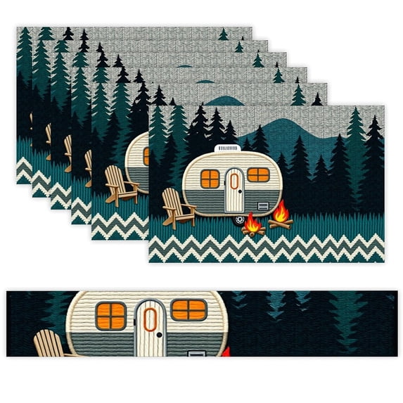 7 Piece Linen Table Runner and Placemats Set, Camper Forest Camping ...