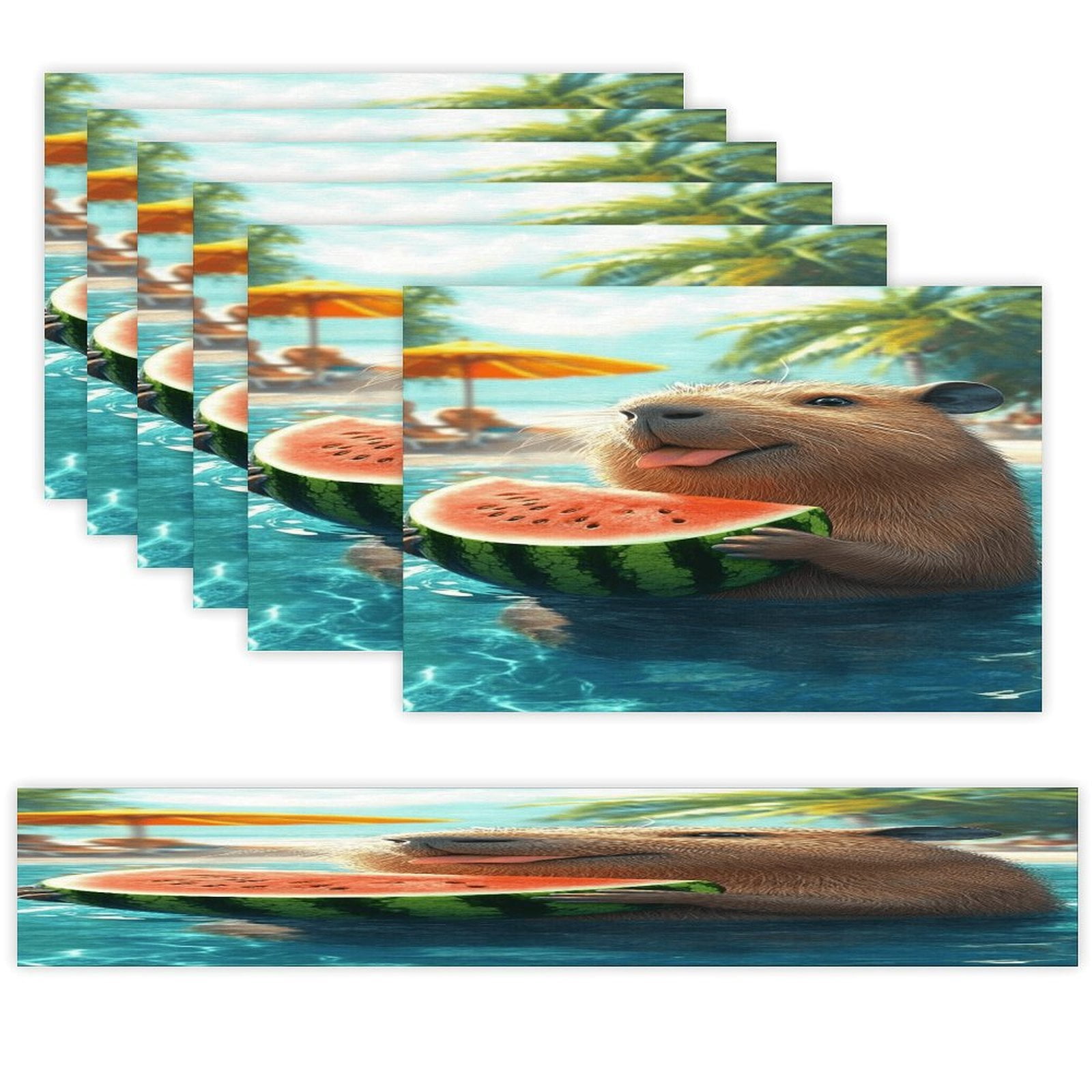 7 Piece Linen Table Runner and Placemats Set, Capybara Watermelon Pool ...