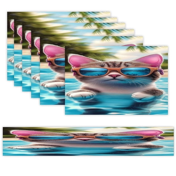 7 Piece Linen Table Runner and Placemats Set, Cat Sunglasses Pool ...