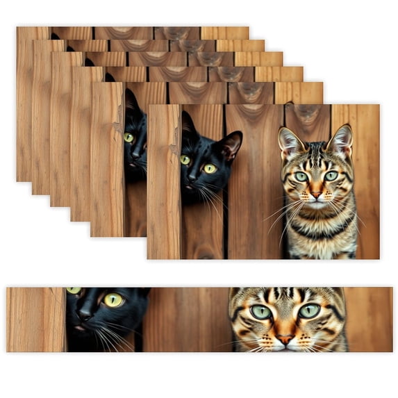 7 Piece Linen Table Runner and Placemats Set, Cats Peeking Wood Round ...