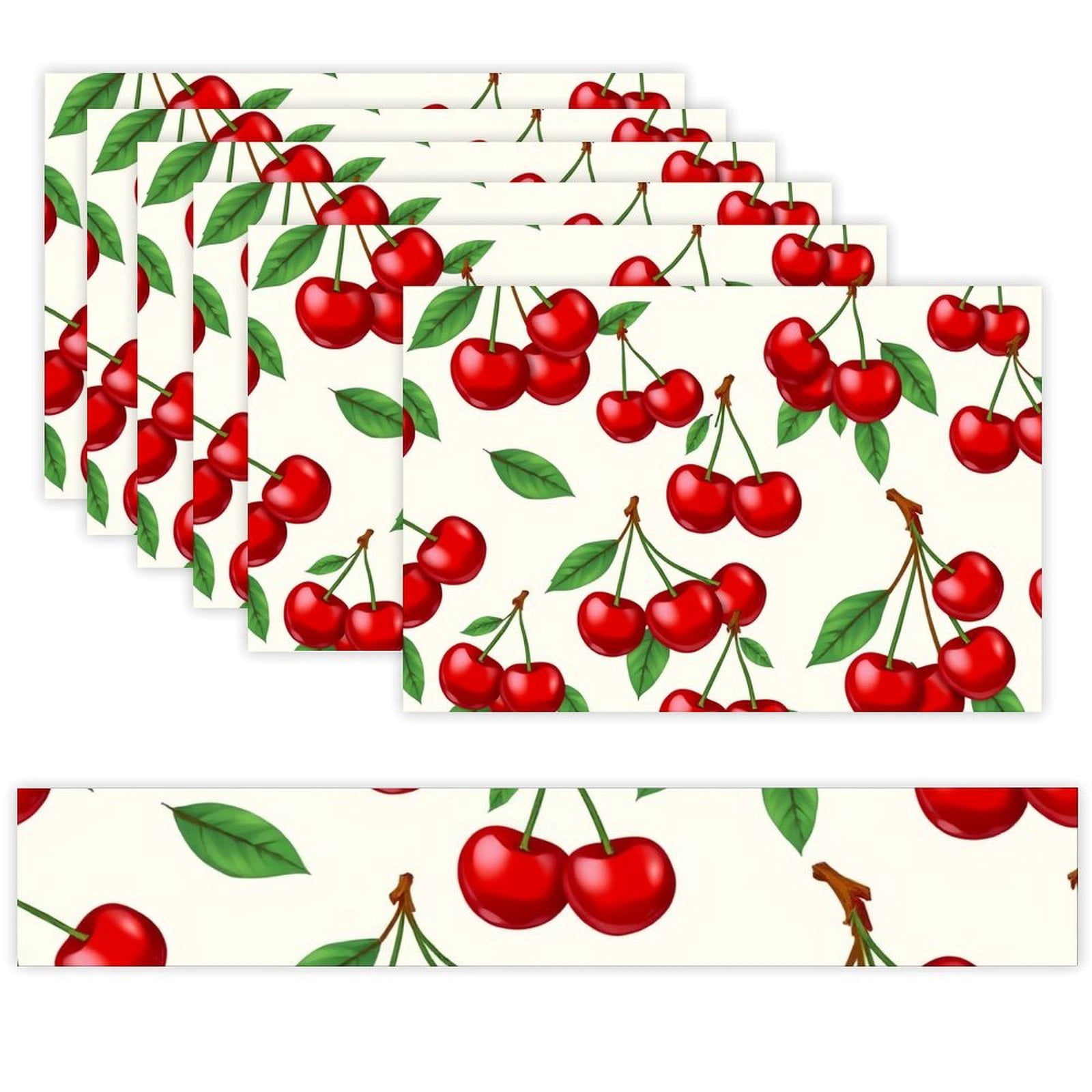 7 Piece Linen Table Runner and Placemats Set, Cherry Pattern Red Fruit ...