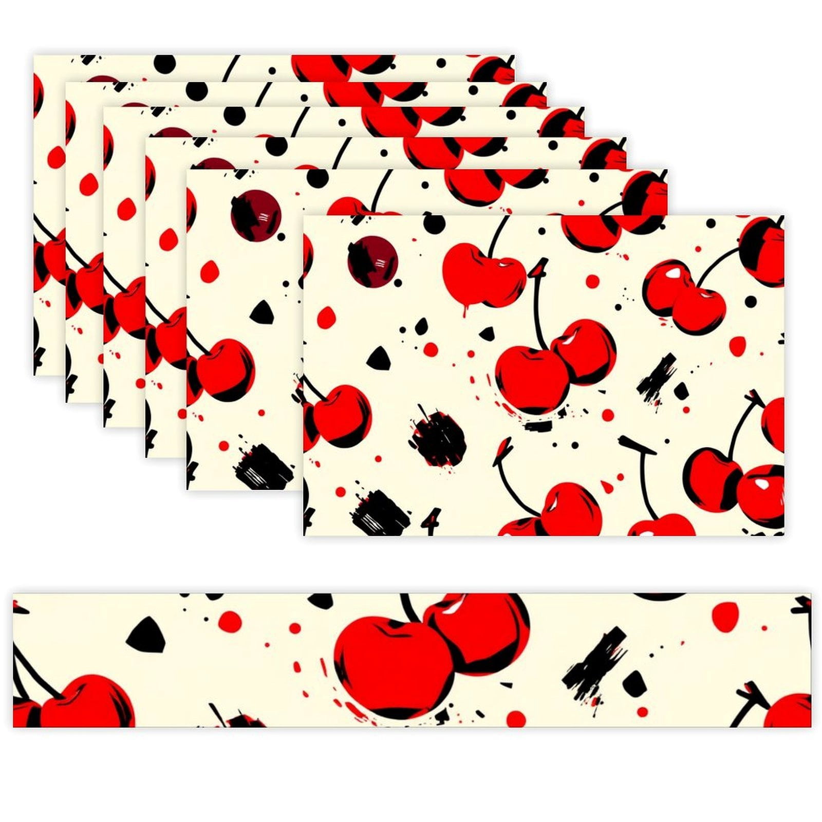 7 Piece Linen Table Runner and Placemats Set, Cherry Pattern Red Round ...