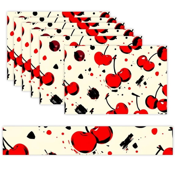 7 Piece Linen Table Runner and Placemats Set, Cherry Pattern Red Round ...