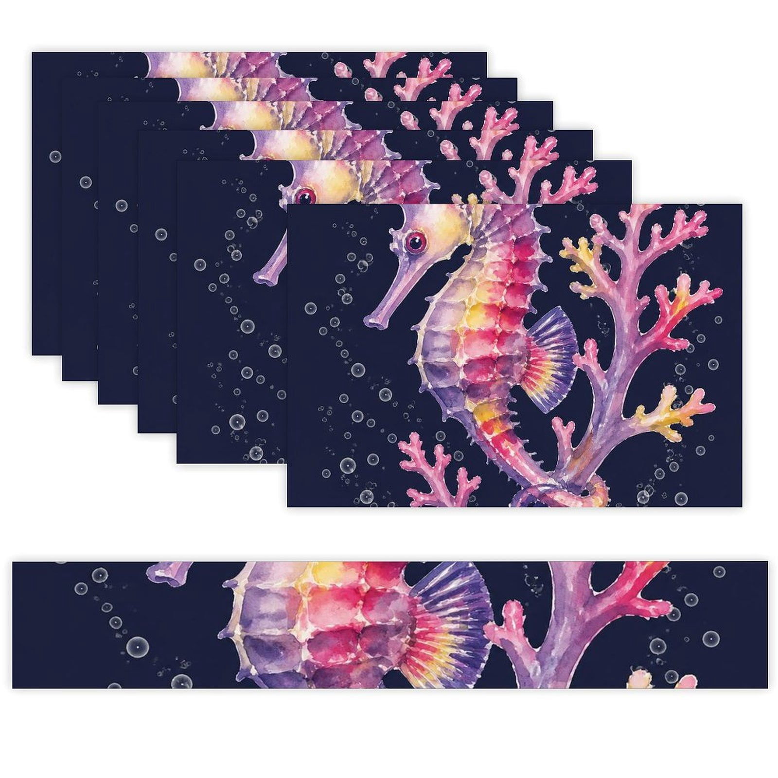 7 Piece Linen Table Runner and Placemats Set, Colorful Seahorse Pink ...