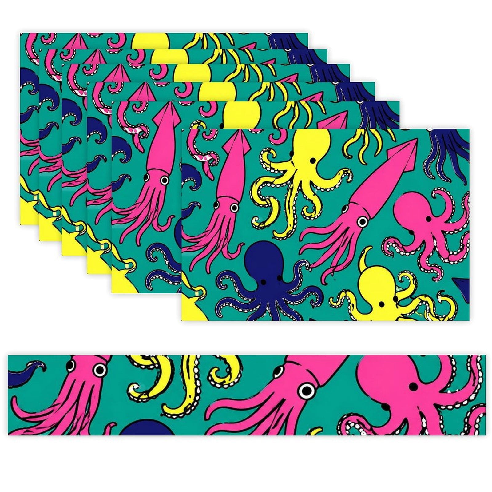 7 Piece Linen Table Runner and Placemats Set, Colorful Squid Pattern ...