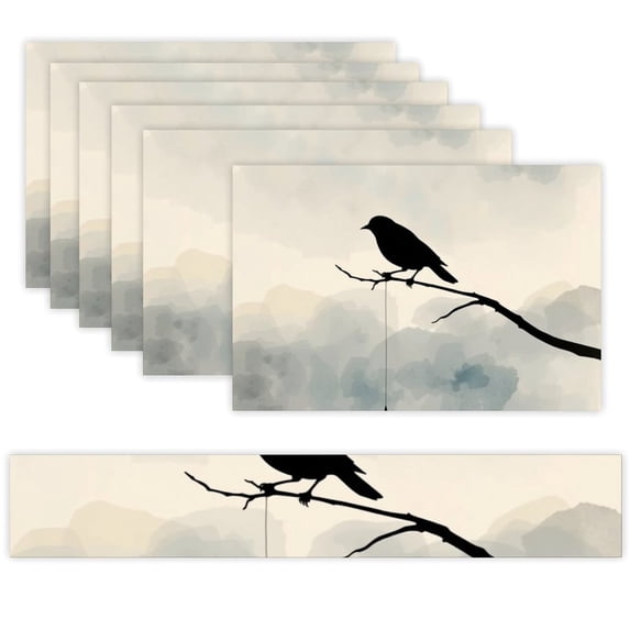 7 Piece Linen Table Runner and Placemats Set, Crow Silhouette Branch ...