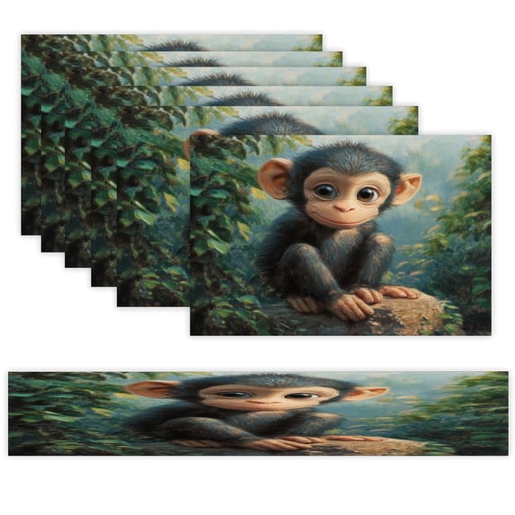 7 Piece Linen Table Runner and Placemats Set, Cute Baby Monkey Forest ...