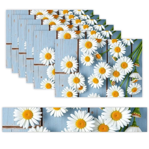7 Piece Linen Table Runner and Placemats Set, Daisy Blue Wood Rustic ...