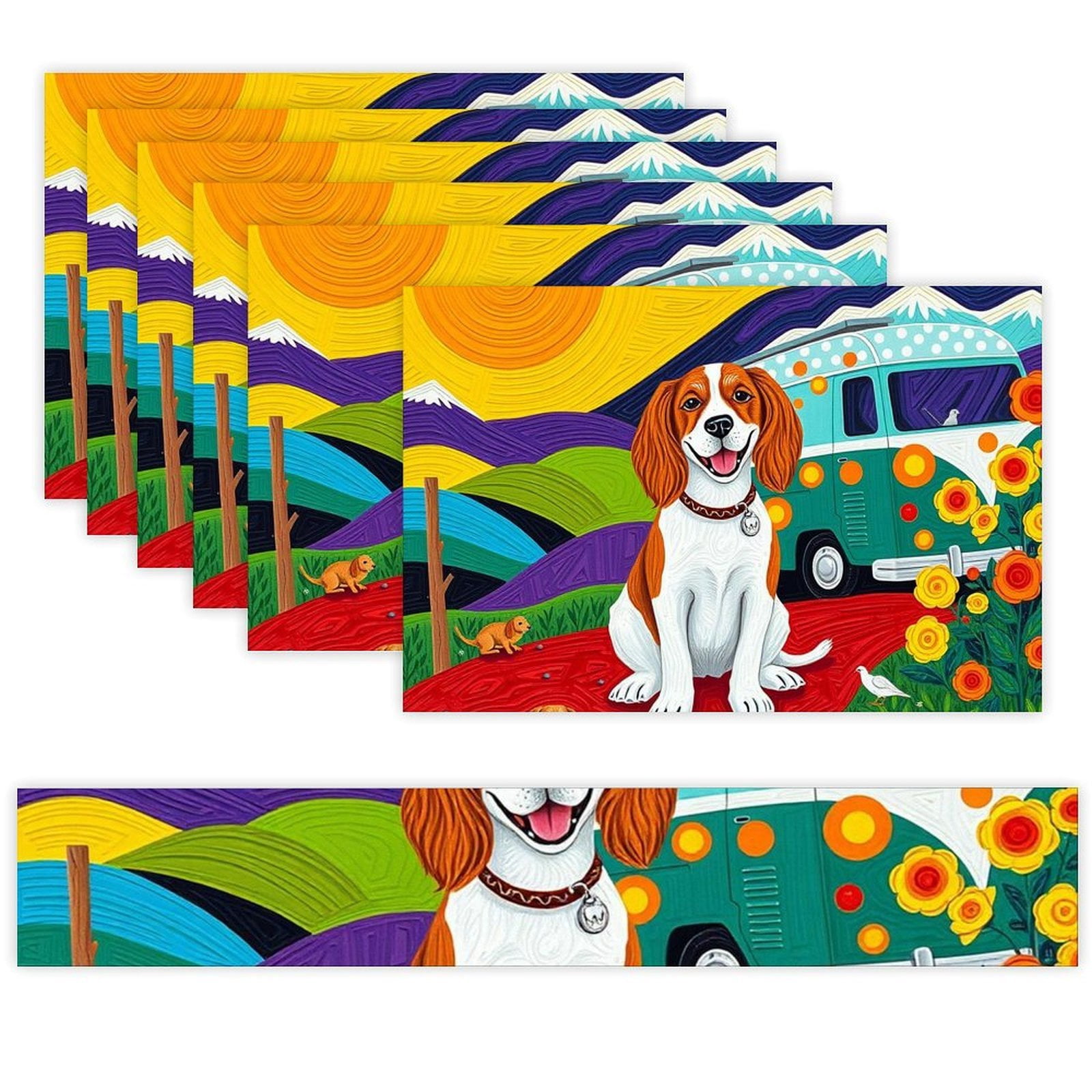 7 Piece Linen Table Runner and Placemats Set, Dog Camper Van Mountain ...