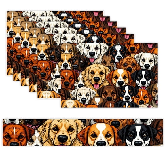 7 Piece Linen Table Runner and Placemats Set, Dogs Faces Collage Round ...