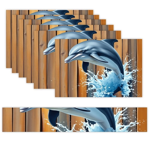 7 Piece Linen Table Runner and Placemats Set, Dolphin Jumping Wood Wall ...