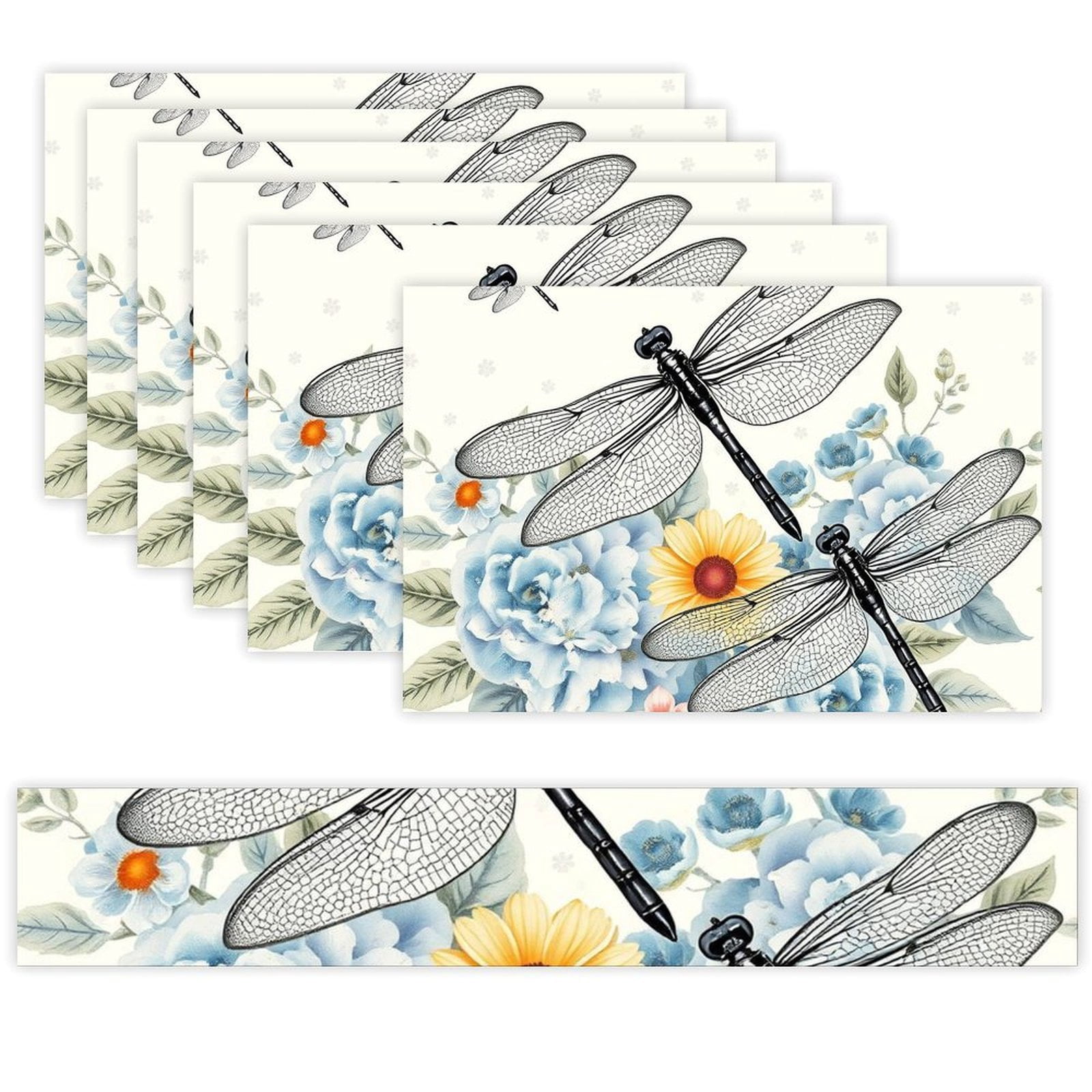 7 Piece Linen Table Runner and Placemats Set, Dragonfly Flowers Blue ...