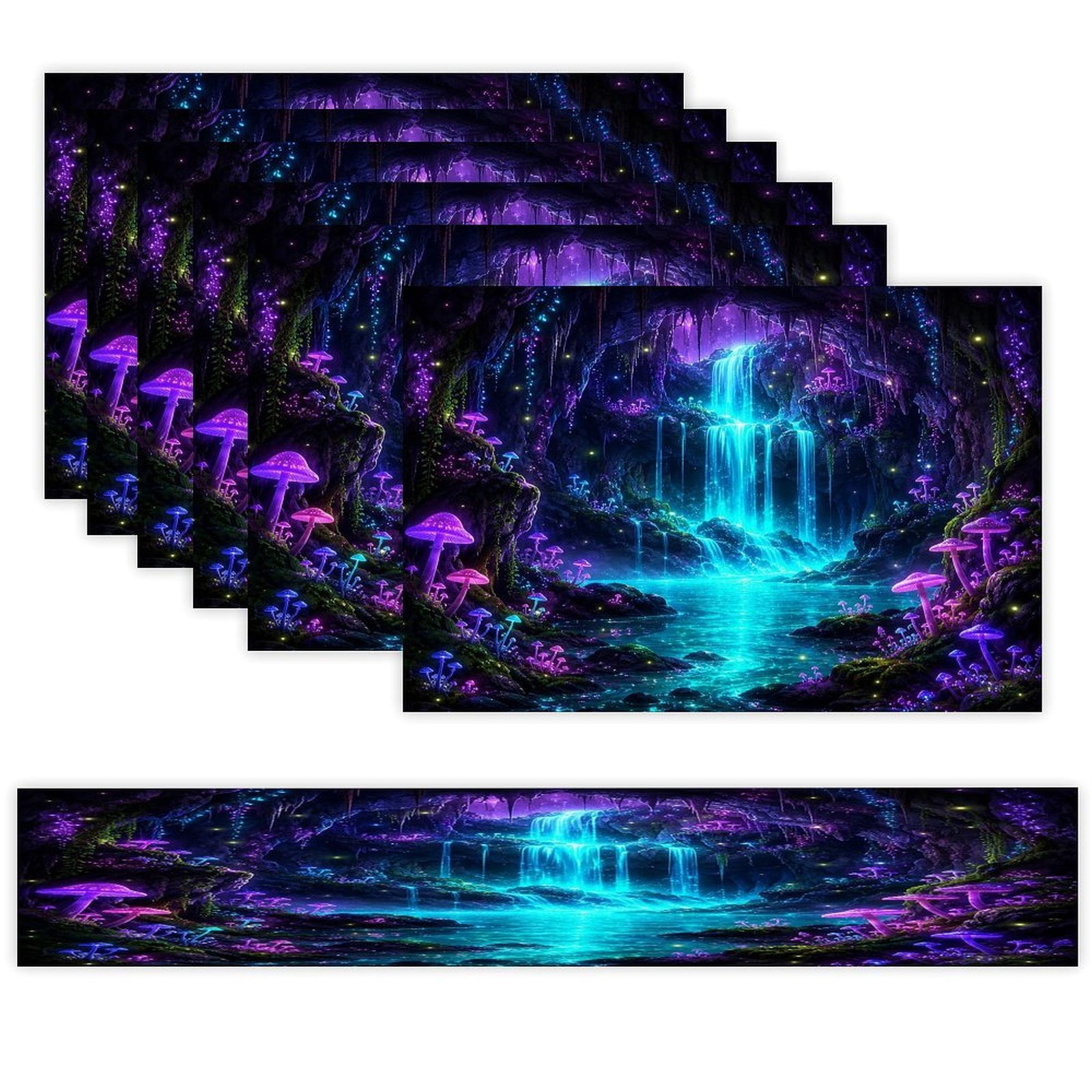 7 Piece Linen Table Runner and Placemats Set, Fantasy Glowing Mushroom ...