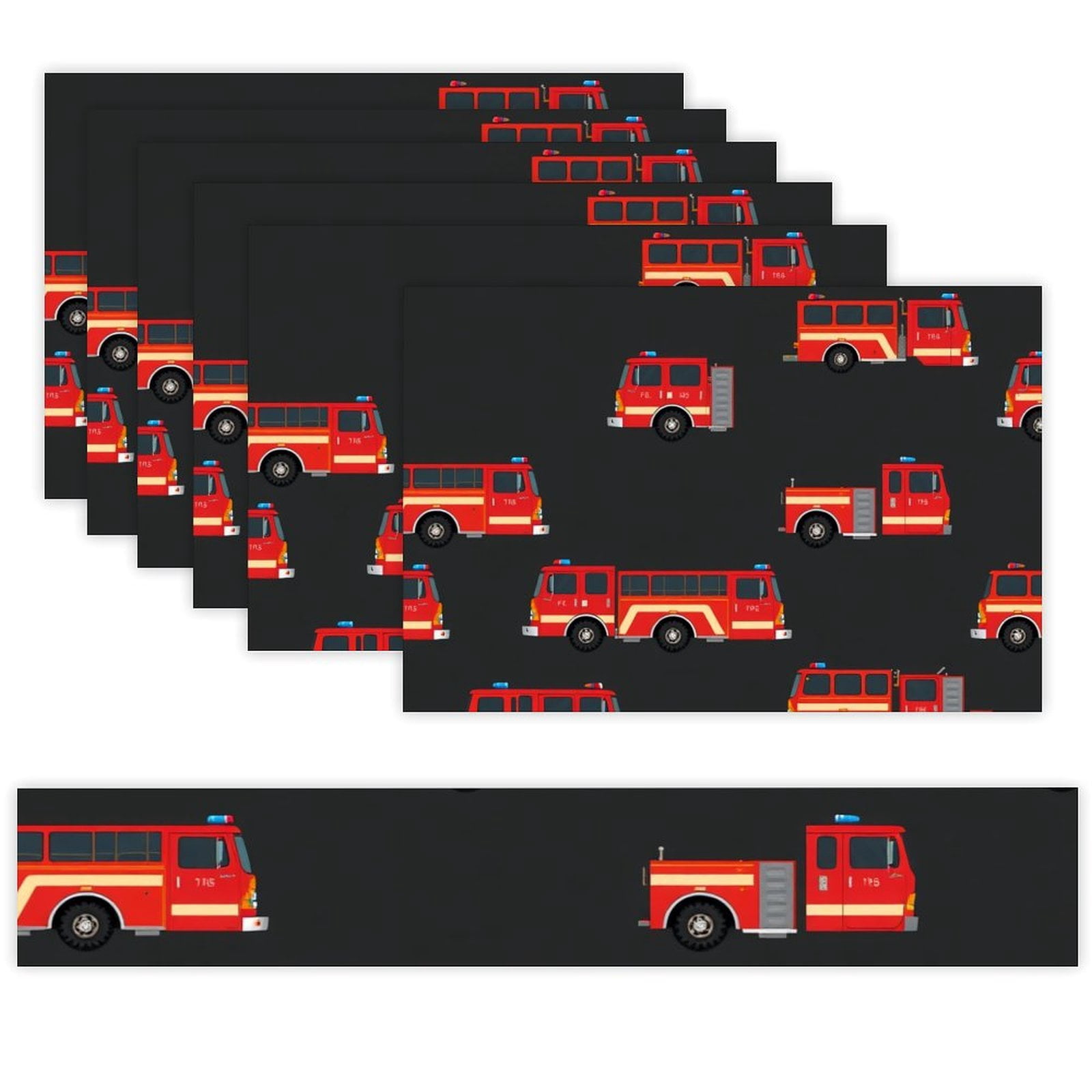 7 Piece Linen Table Runner and Placemats Set, Fire Truck Pattern Kids ...