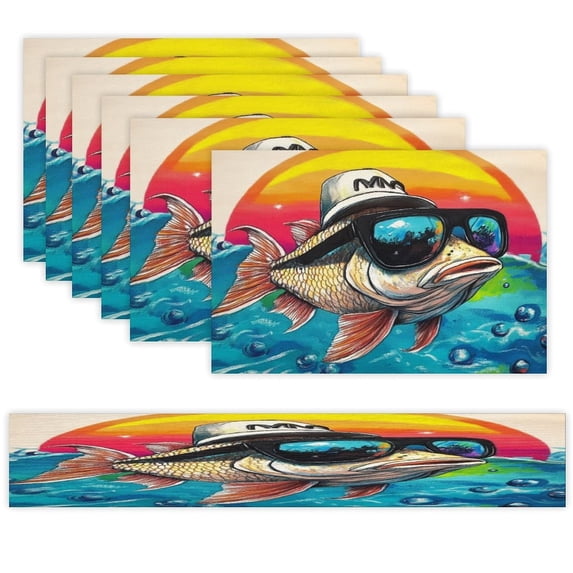 7 Piece Linen Table Runner and Placemats Set, Fish Sunglasses Sunset ...