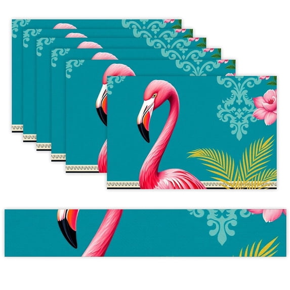 7 Piece Linen Table Runner and Placemats Set, Flamingo Tropical Teal ...