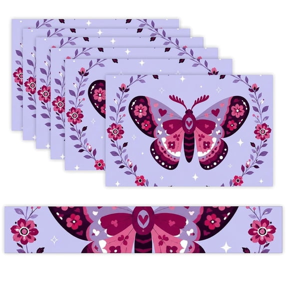 7 Piece Linen Table Runner and Placemats Set, Floral Moth Wreath Round ...