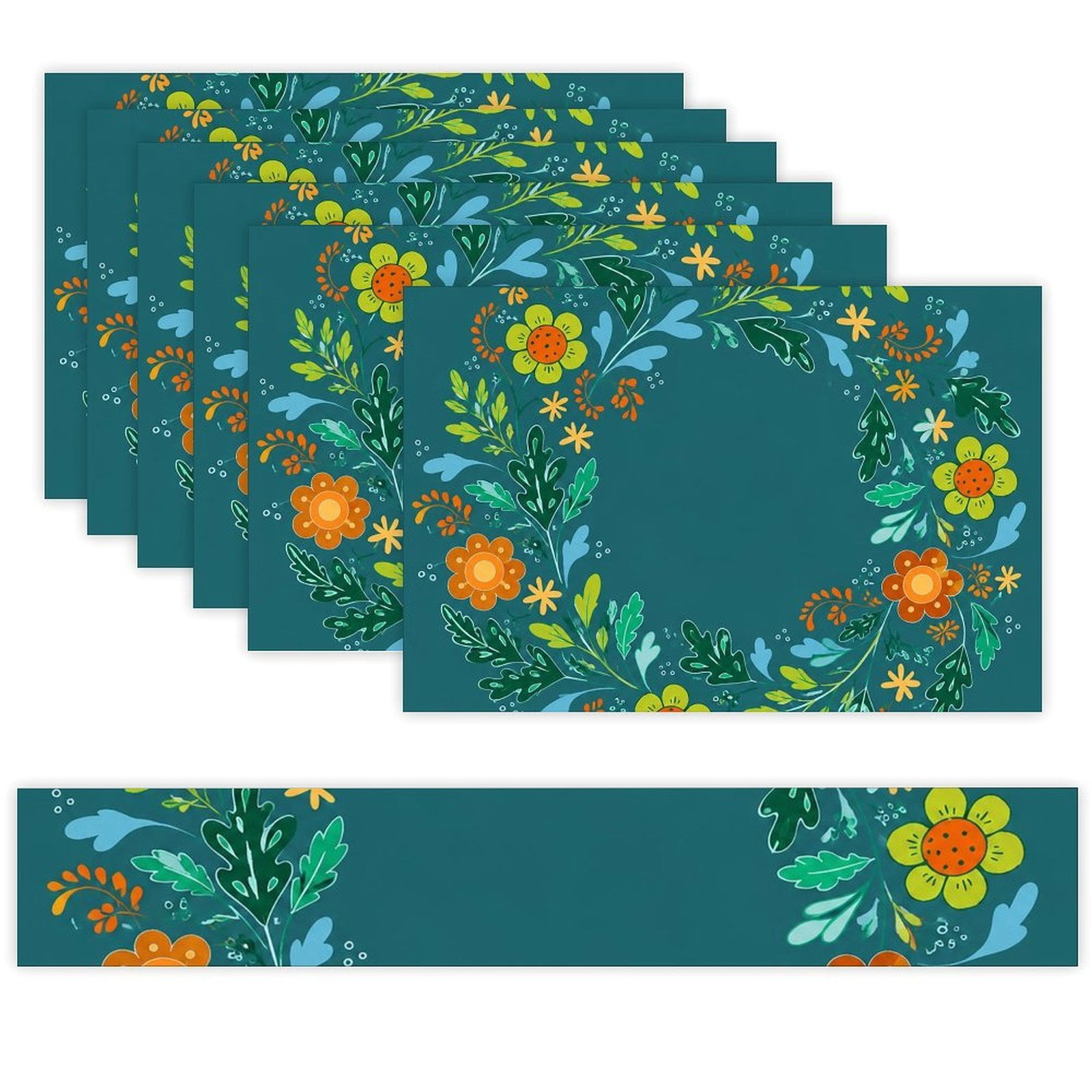 7 Piece Linen Table Runner and Placemats Set, Floral Wreath Circle ...