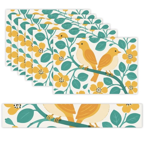 7 Piece Linen Table Runner and Placemats Set, Folk Art Birds On ...