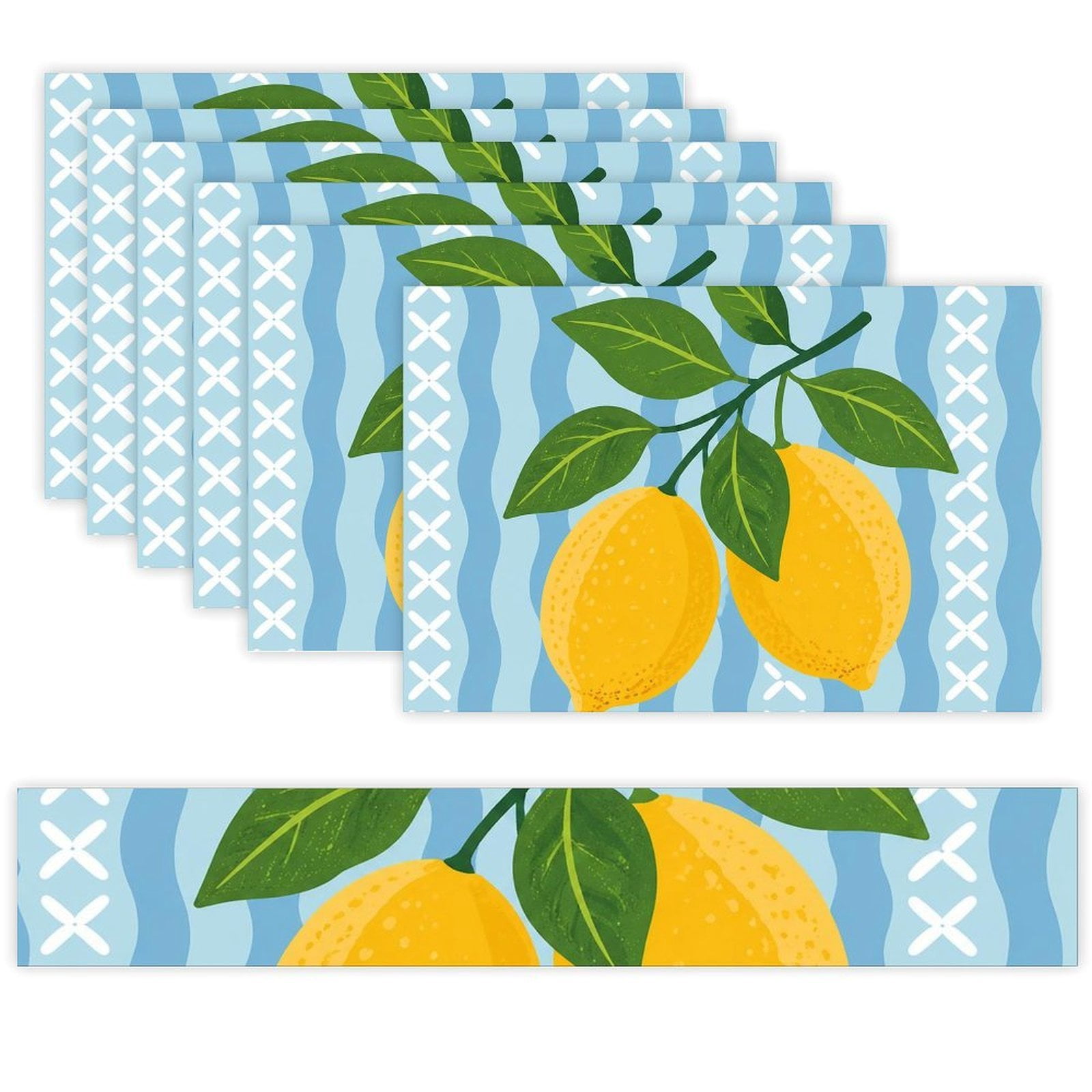 7 Piece Linen Table Runner and Placemats Set, Fresh Lemons On Branch ...