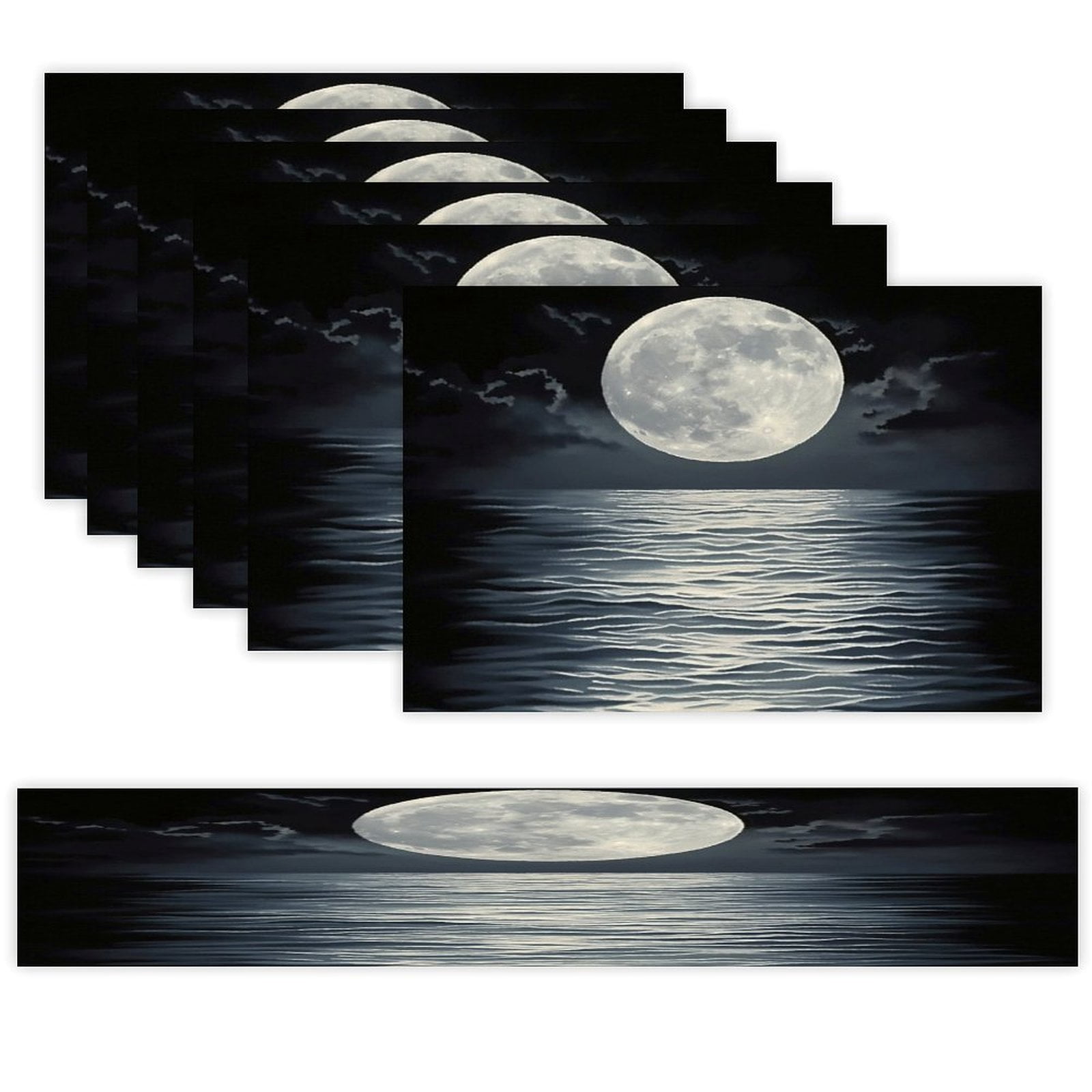 7 Piece Linen Table Runner and Placemats Set, Full Moon Ocean Night ...