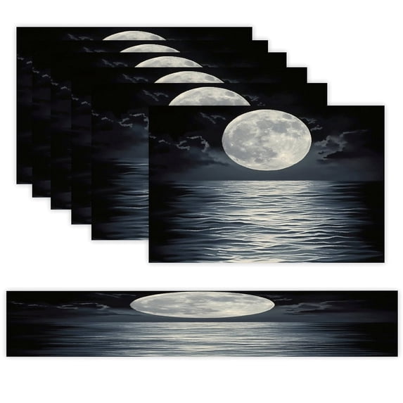7 Piece Linen Table Runner and Placemats Set, Full Moon Ocean Night ...