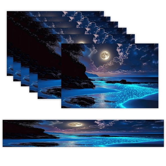 7 Piece Linen Table Runner and Placemats Set, Glowing Beach Moon Night ...