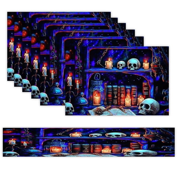 7 Piece Linen Table Runner and Placemats Set, Gothic Skull Candle ...