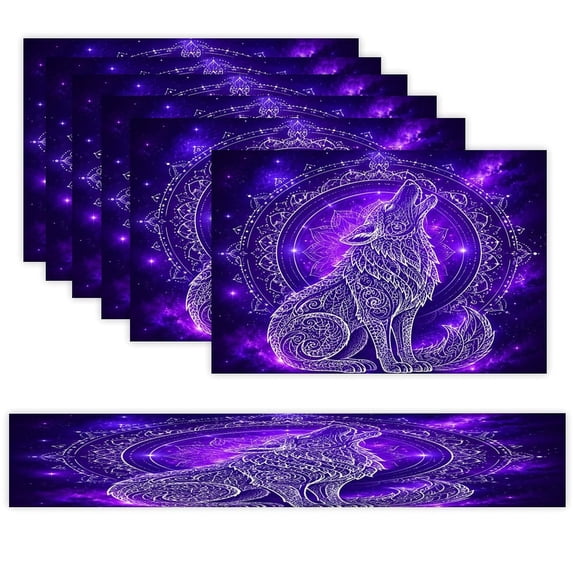 7 Piece Linen Table Runner and Placemats Set, Howling Wolf Zodiac Art ...