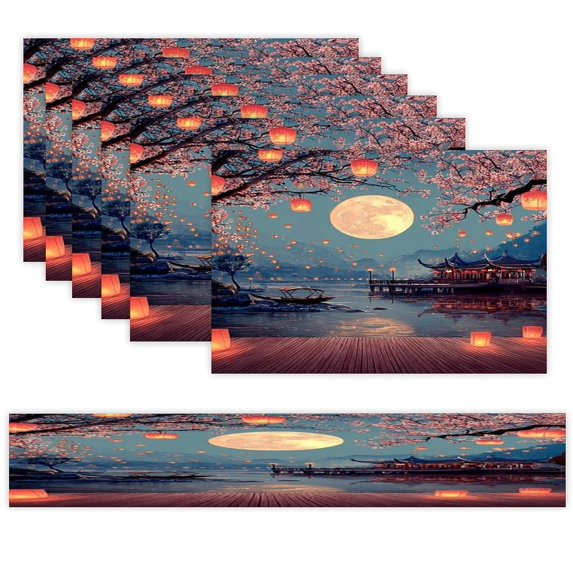 7 Piece Linen Table Runner and Placemats Set, Lantern Moon Lake Night ...