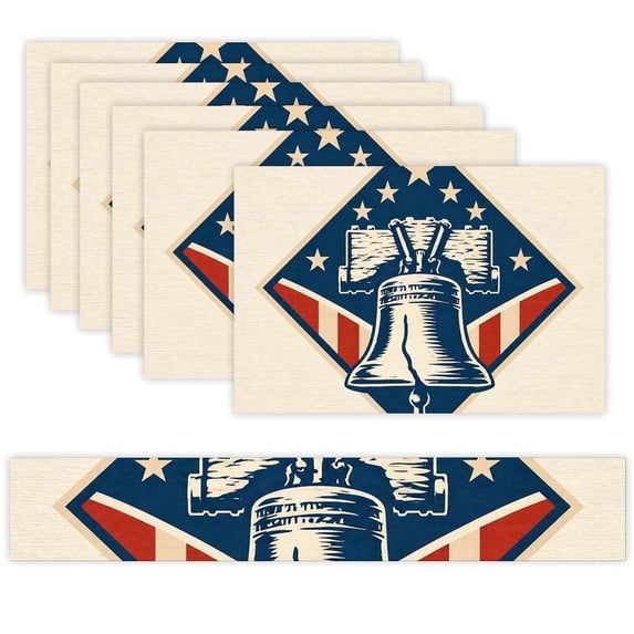 7 Piece Linen Table Runner and Placemats Set, Liberty Bell Emblem With ...