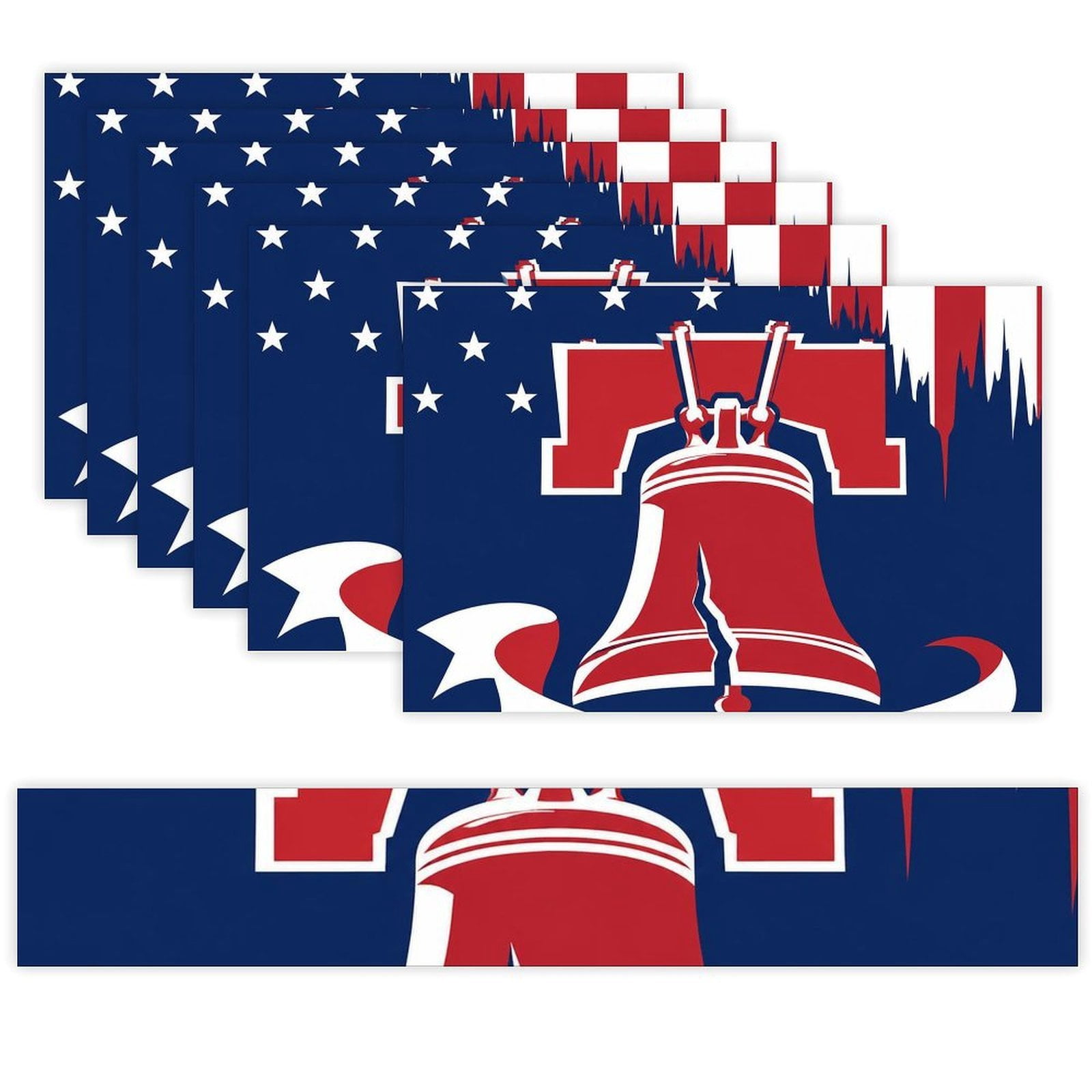 7 Piece Linen Table Runner and Placemats Set, Liberty Bell Flag Banner ...