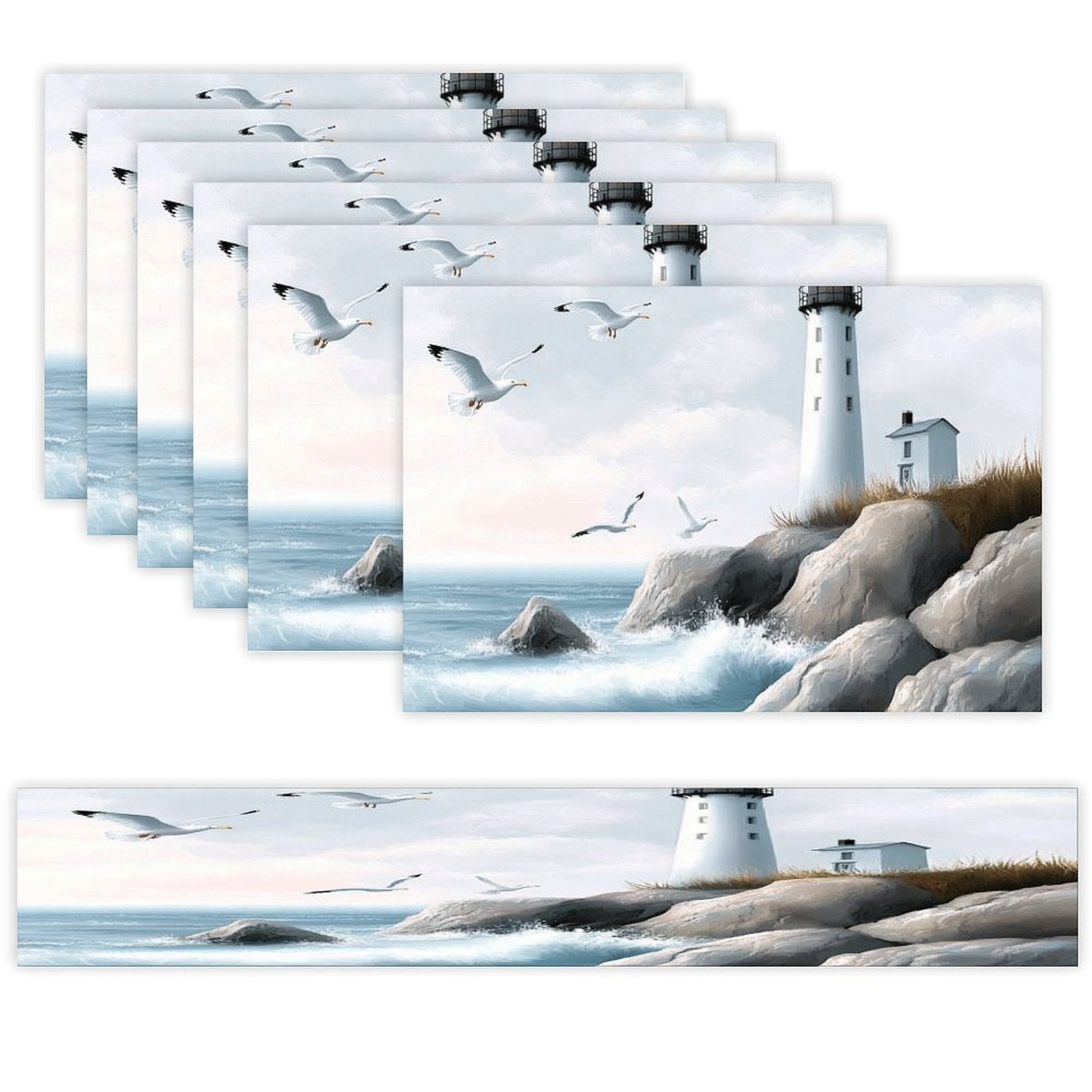 7 Piece Linen Table Runner and Placemats Set, Lighthouse Seagulls Rocky ...