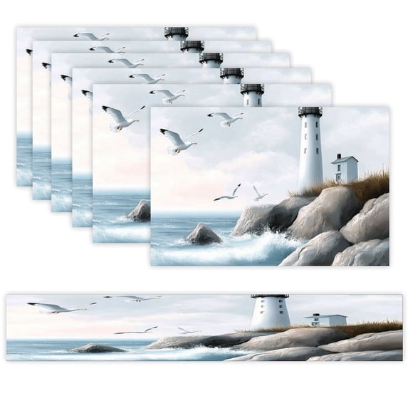 7 Piece Linen Table Runner and Placemats Set, Lighthouse Seagulls Rocky ...