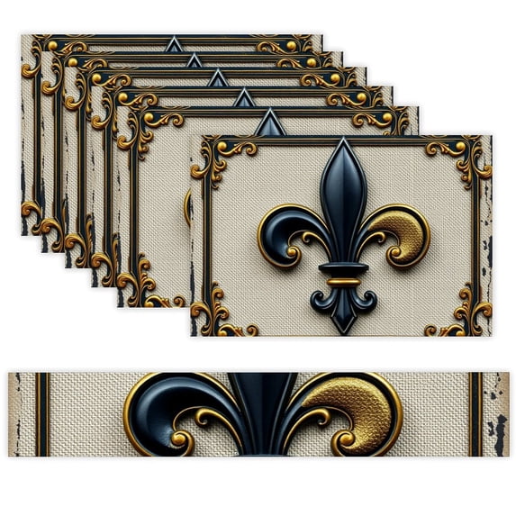 7 Piece Linen Table Runner and Placemats Set, Lily Crest Ornate Gold ...