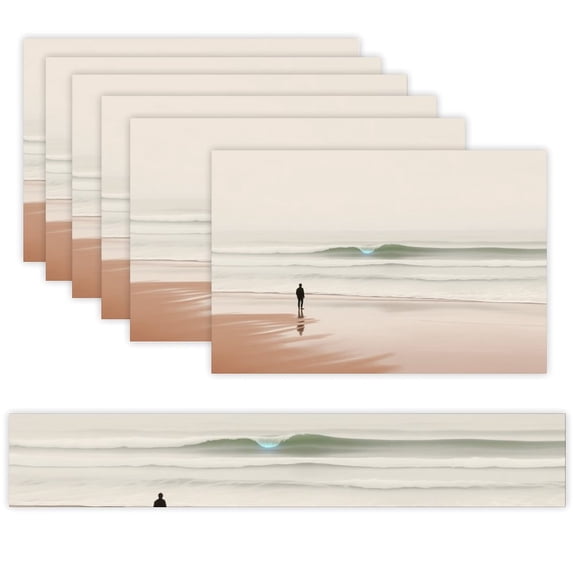 7 Piece Linen Table Runner and Placemats Set, Lonely Beach Walker Round ...