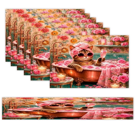 7 Piece Linen Table Runner and Placemats Set, Luxury Cat Rose Bath ...