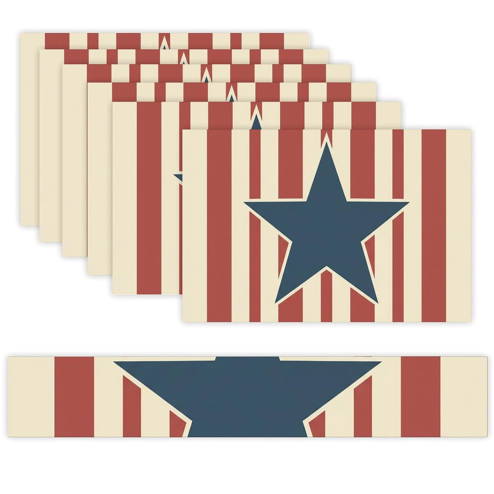 7 Piece Linen Table Runner and Placemats Set, Modern Patriotic Star ...