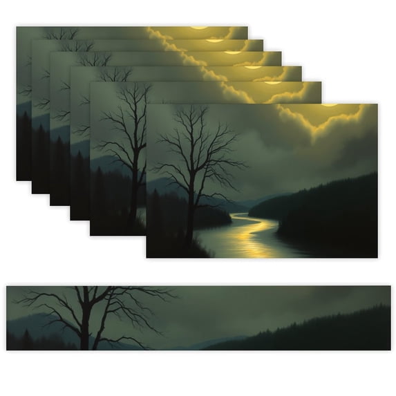 7 Piece Linen Table Runner and Placemats Set, Moonlit Tree River Round ...
