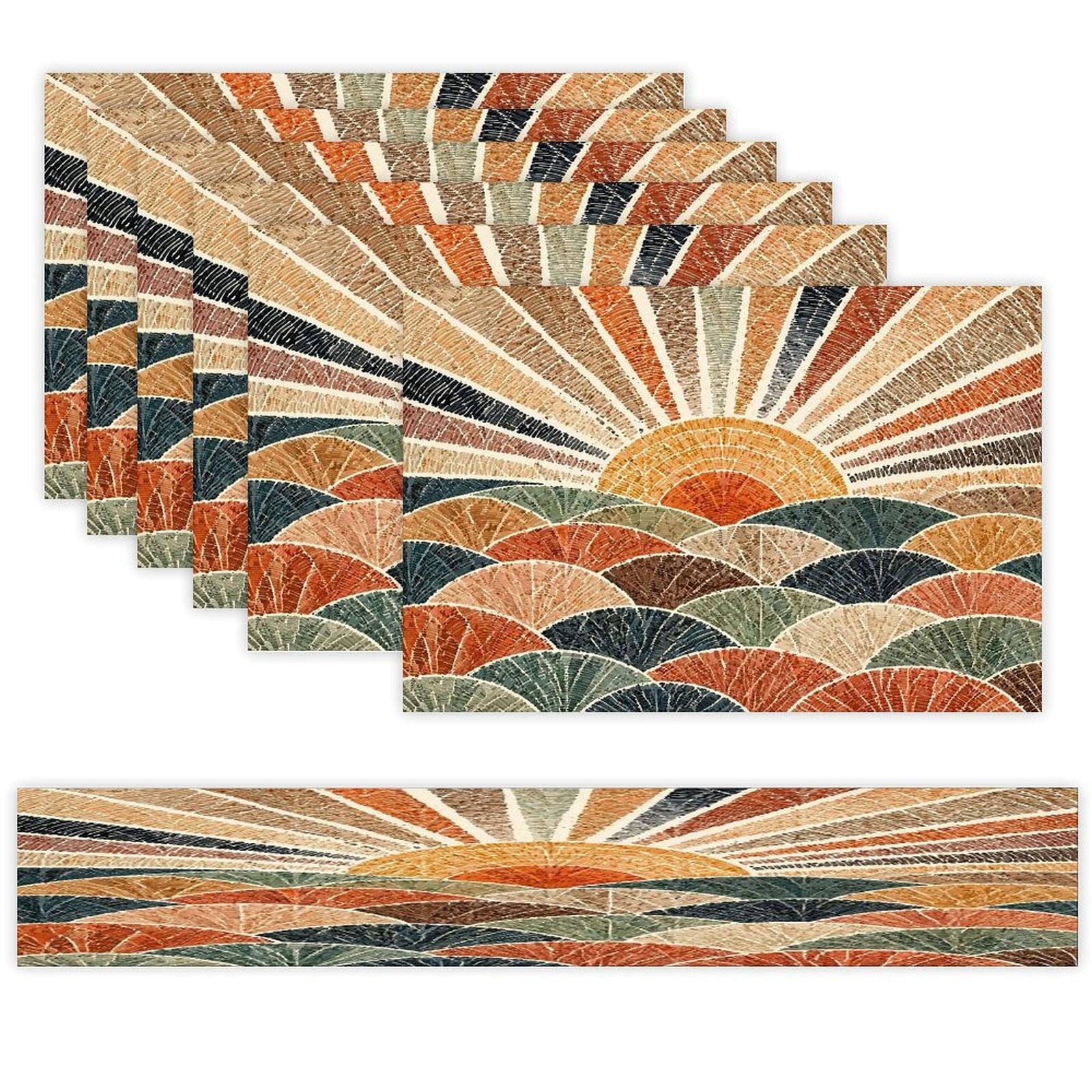 7 Piece Linen Table Runner and Placemats Set, Mosaic Sunrise Mountain ...