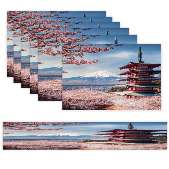 7 Piece Linen Table Runner and Placemats Set, Mount Fuji Pagoda Cherry ...